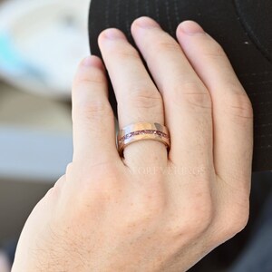 Rose Gold MORGANITE Ring Mens Hammered Tungsten Band, Offset Crushed ...