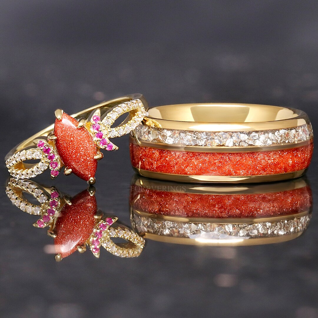 Gold Sandstone Ring Set, His and Her Wedding Ring, Engagement Ring Set ...