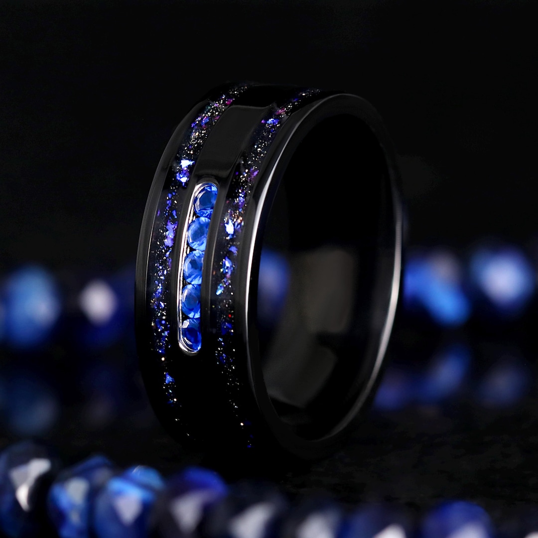 Mens Sapphire Wedding Band | Orion Nebula Ring™ | Black Engagement Ring ...