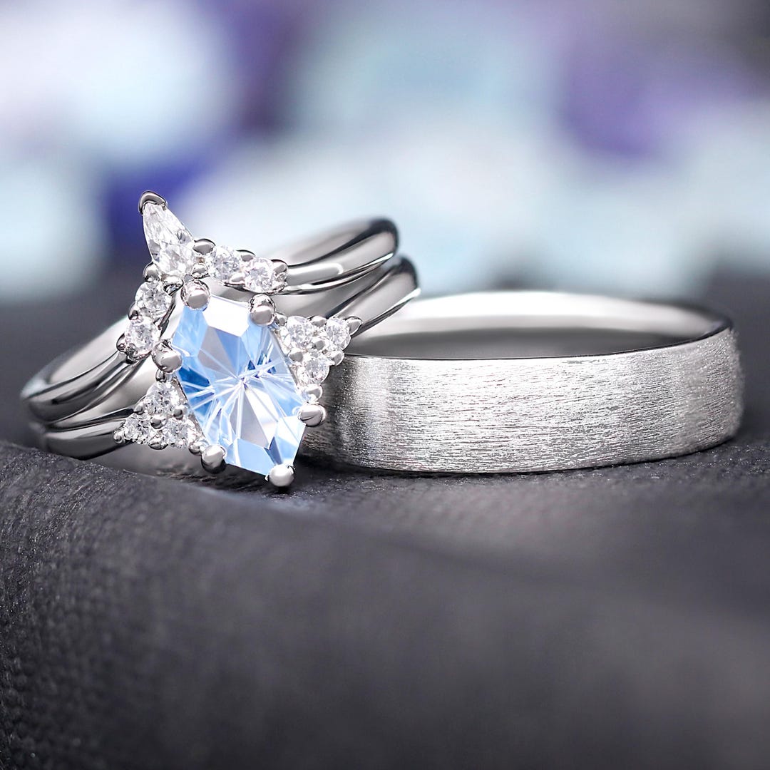 Spire Aquamarine Engagement Ring Set, His and Her Wedding Band Set ...