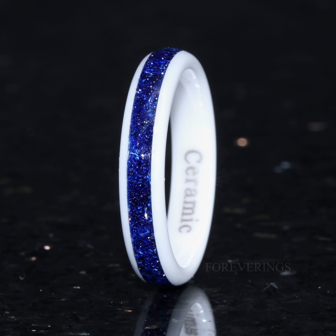 Great Rift Nebula Blue Sandstone Ring, White Ceramic Wedding Band ...