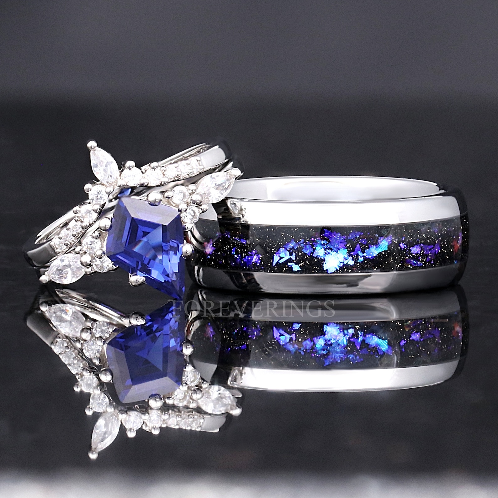 Orion Nebula Ring Set, His and Hers Wedding Band, Sapphire, Silver Ring ...