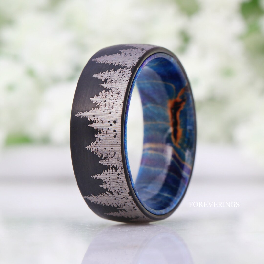 Black Forest Tree Ring With Blue Wood, Mens Wedding Band, Black ...