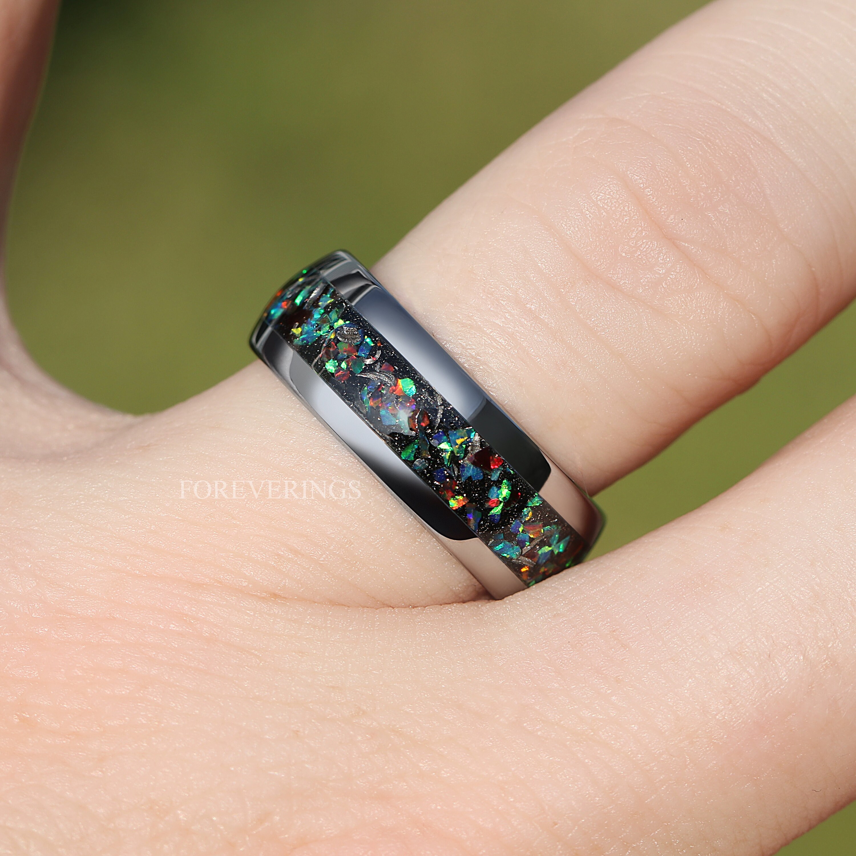 Meteorite and Galaxy Opal Ring Set, His and Hers Tungsten Wedding Bands ...