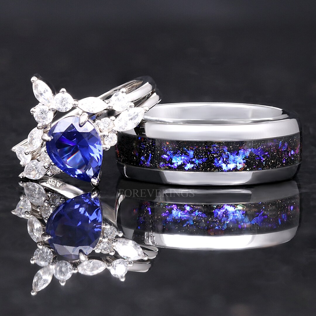 Orion Nebula Ring Set, His and Hers Wedding Band, Sapphire, Silver Ring ...