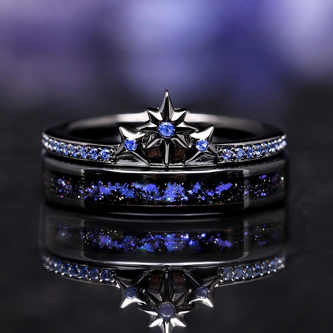 Orion Star Wedding Ring Set, Blue Nebula Sapphire Engagement Rings, His ...