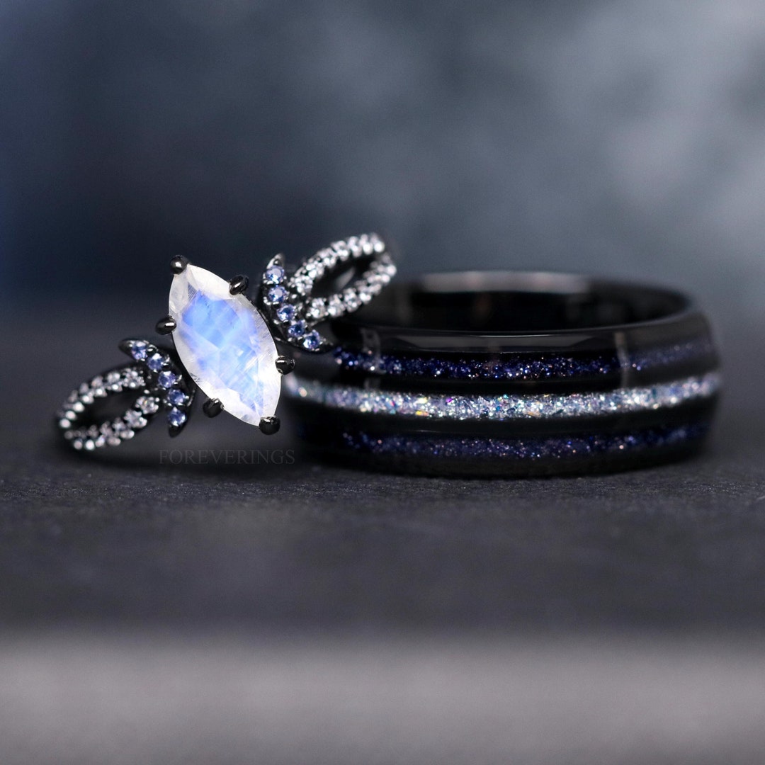 Lunara Couples Moonstone Ring Set, His and Her Wedding Ring, Unique ...