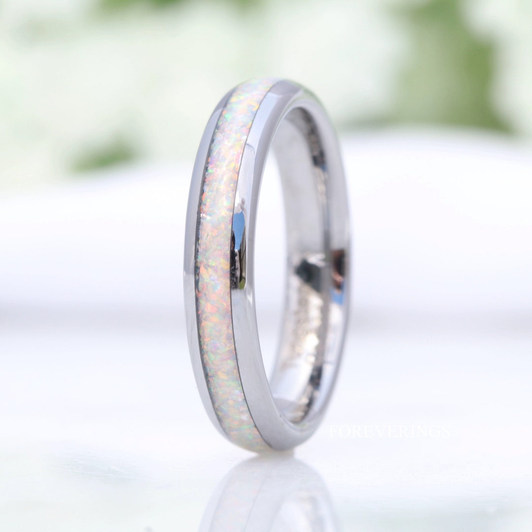 Crushed White Fire Opal Band, Silver Tungsten Wedding Band, No Plating ...