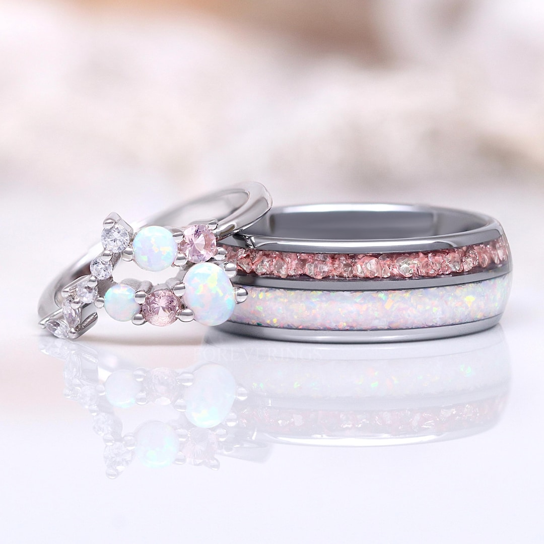 Morganite & Opal Couples Ring Set, Cluster His Her Wedding Ring ...