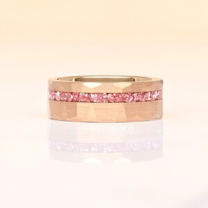 Rose Gold MORGANITE Ring Mens Hammered Tungsten Band, Offset Crushed ...