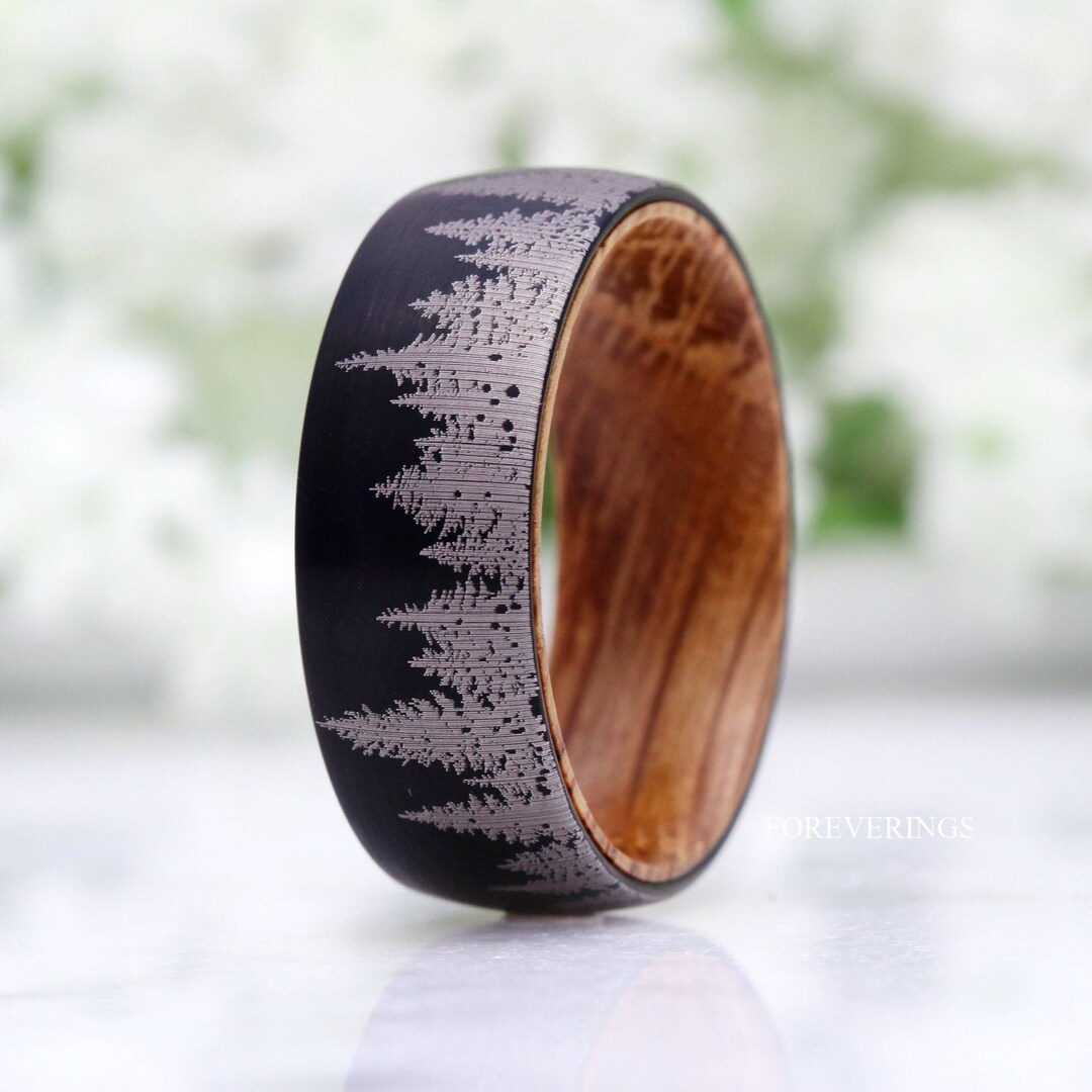 Man Wood Whiskey Barrel Ring, Black Forest Tree Ring, Men Tungsten ...