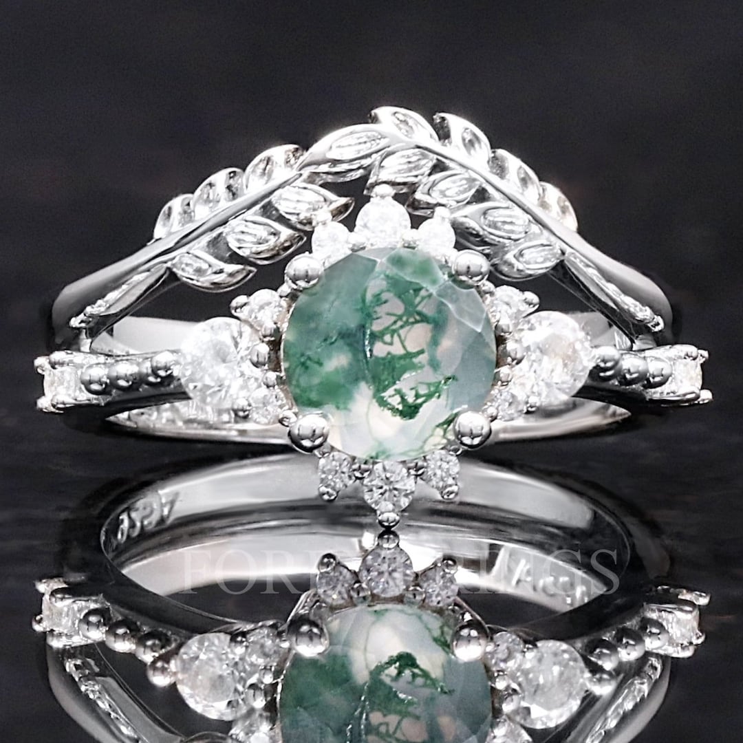 Green Moss Agate Engagement Ring Set, 925 Sterling Silver Moss Agate ...
