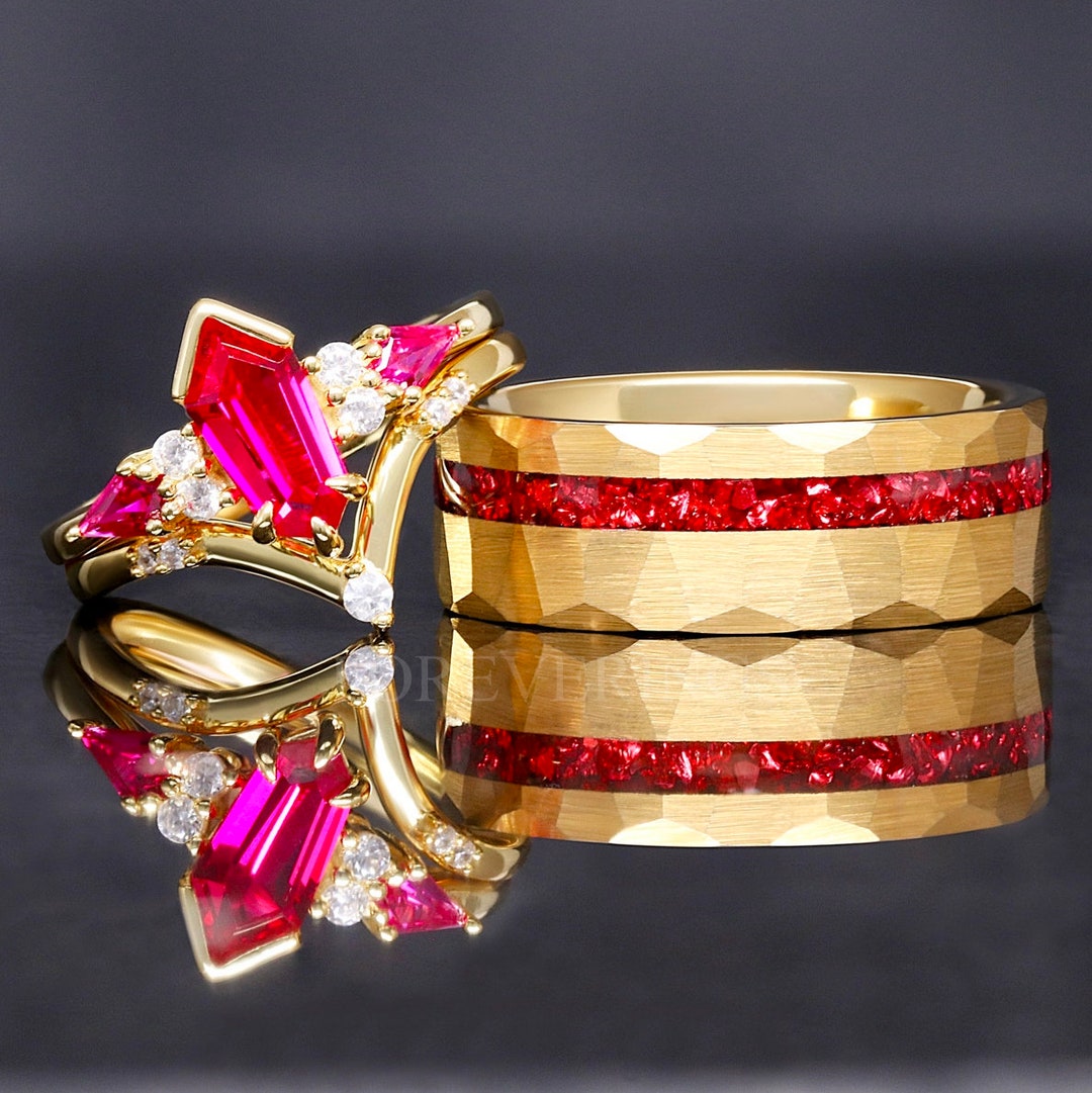 His and Her Natural Ruby Wedding Ring Set, Gold Ruby Ring, 925 Sterling ...