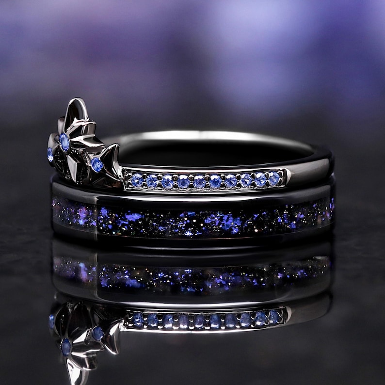 Orion Star Wedding Ring Set, Blue Nebula Sapphire Engagement Rings, His ...