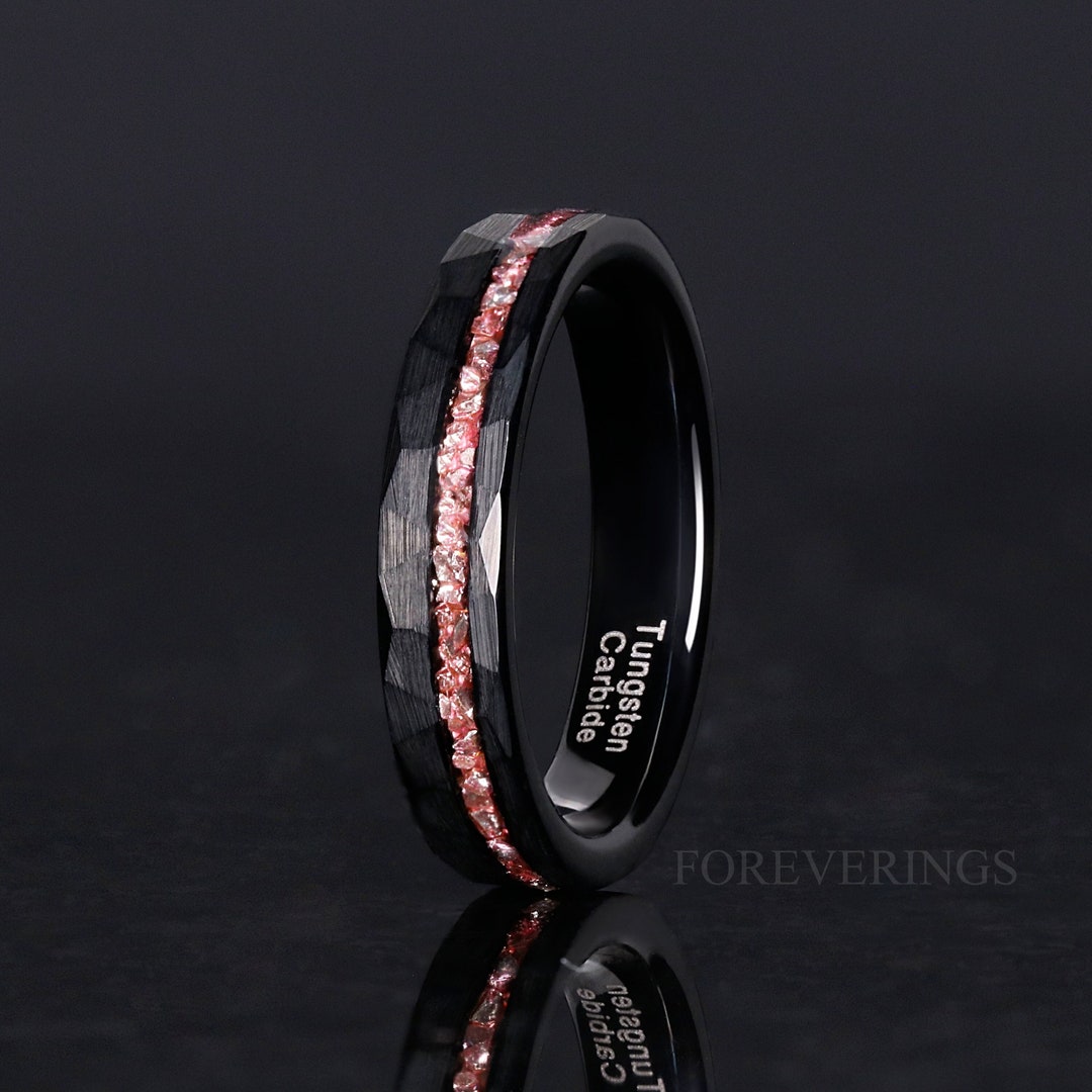 Hammered MORGANITE Ring Black Tungsten Band, Offset Crushed Morganite ...