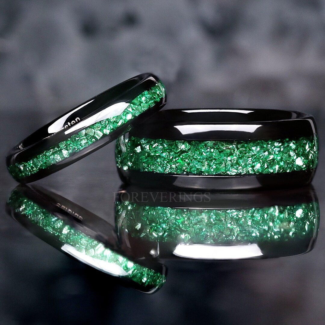 Emerald His and Hers Ring Set, Black Tungsten Wedding Band, 8mm & 4mm ...