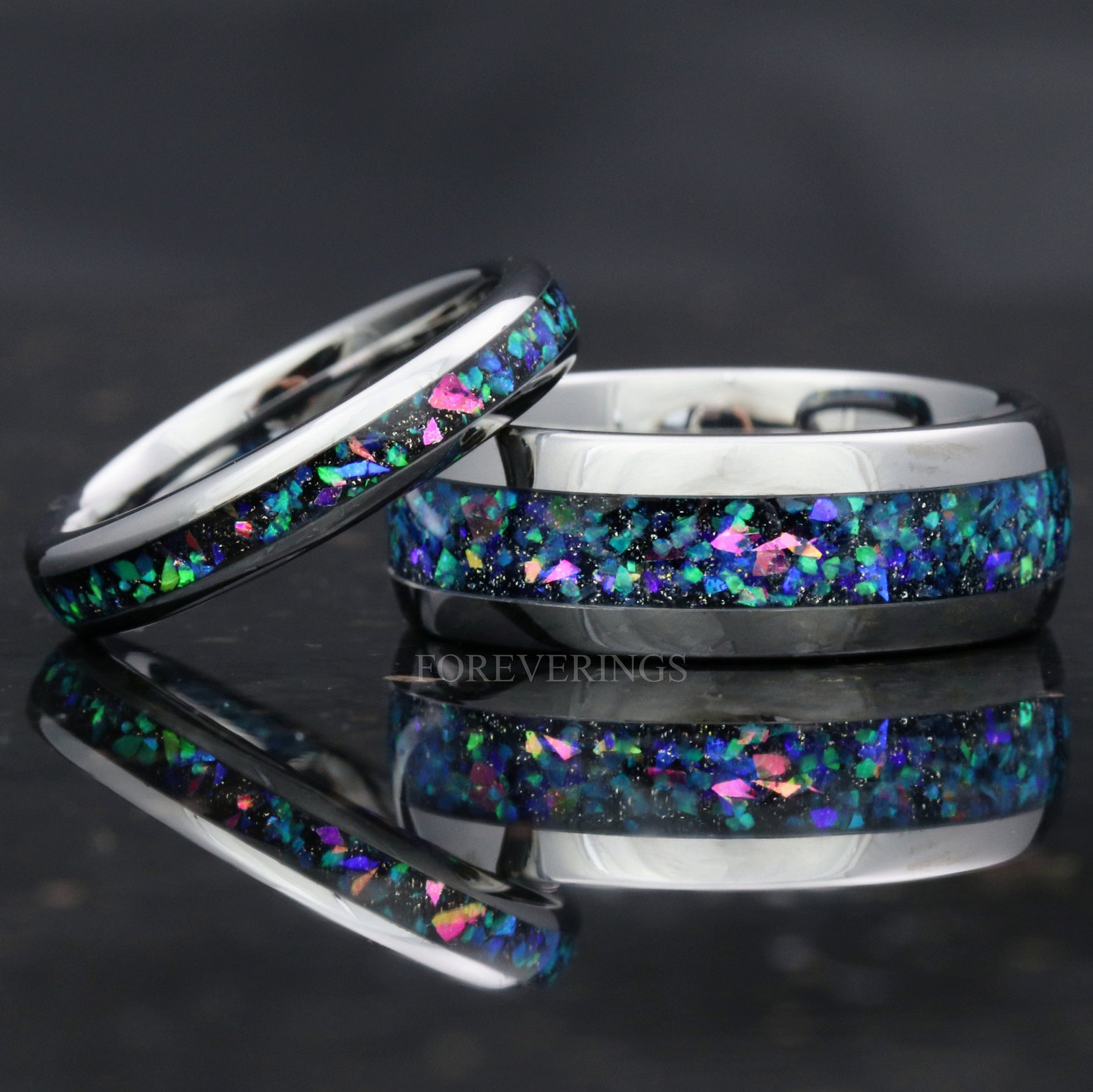 His and Hers Tungsten Wedding Band Set Galaxy Opal Ring Set | Etsy