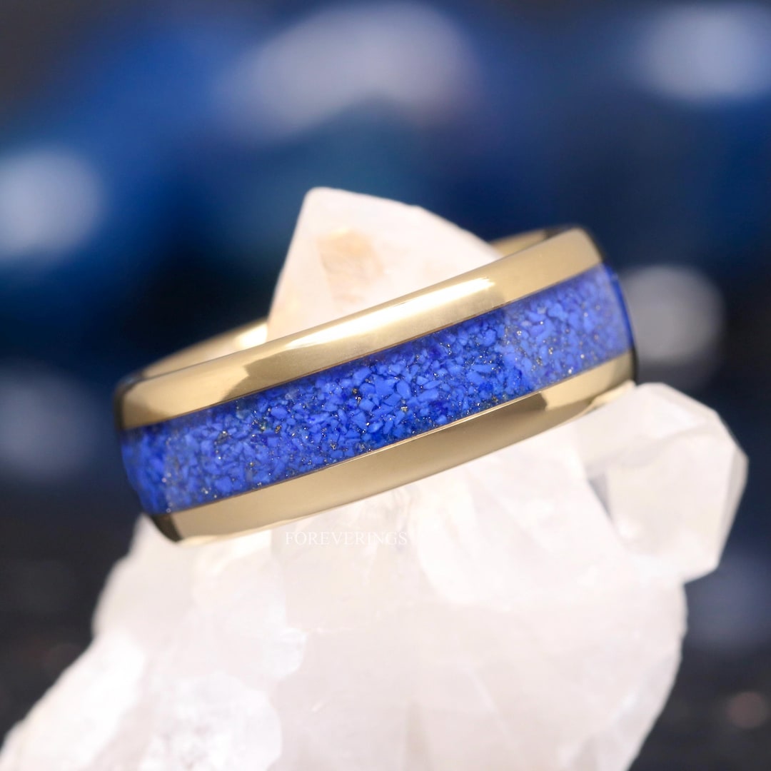 Lapis Lazuli Ring Gold Wedding Band, 8mm Man Tungsten Ring, Blue and ...