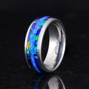 Azure Blue Fire Opal Tungsten Ring, Man Wedding Band, Blue Nebula Ring ...