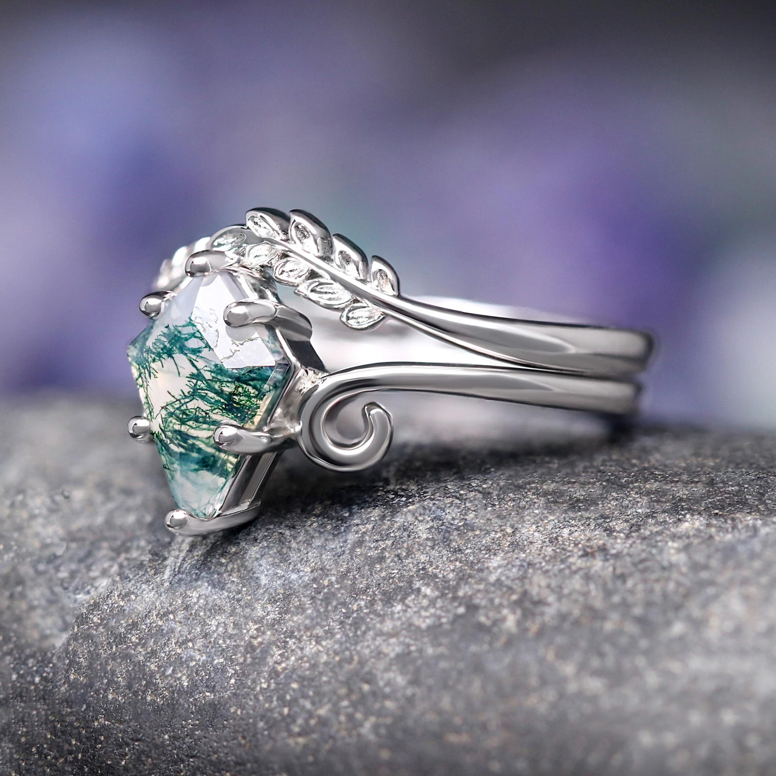 Leafy Green Moss Agate Wedding Ring, Womens Unique Engagement Ring Set ...