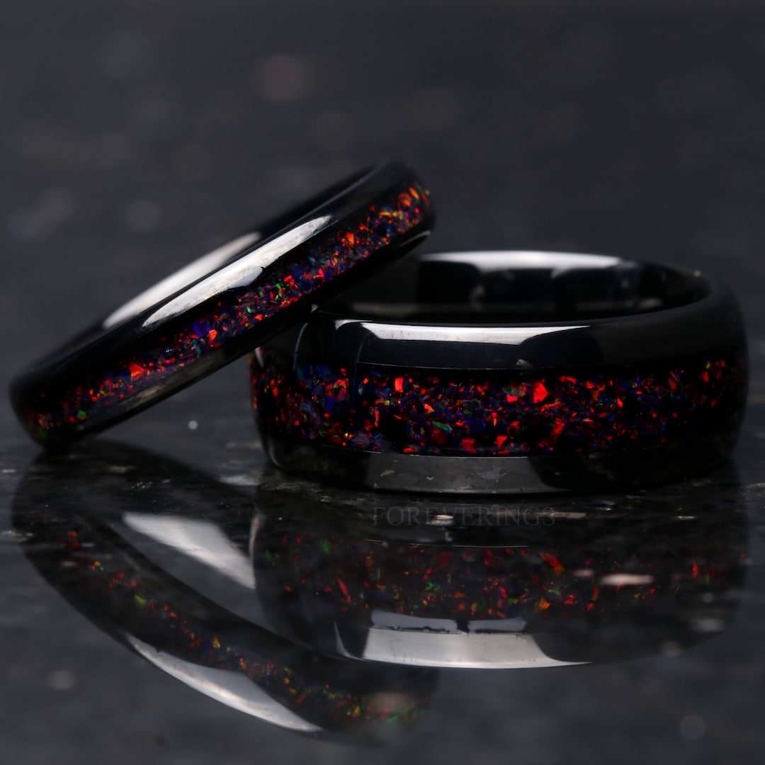 His and Hers Tungsten Wedding Band, Crushed Black Fire Opal Ring, 8mm ...
