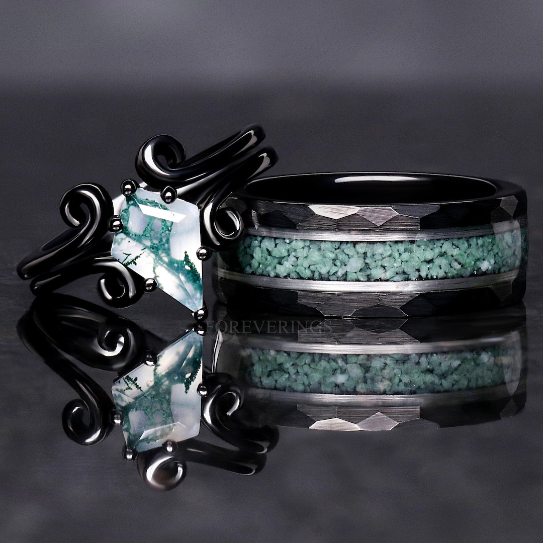 Twirl Green Moss Agate Ring Set, His Her Matching Wedding Ring, Nature ...