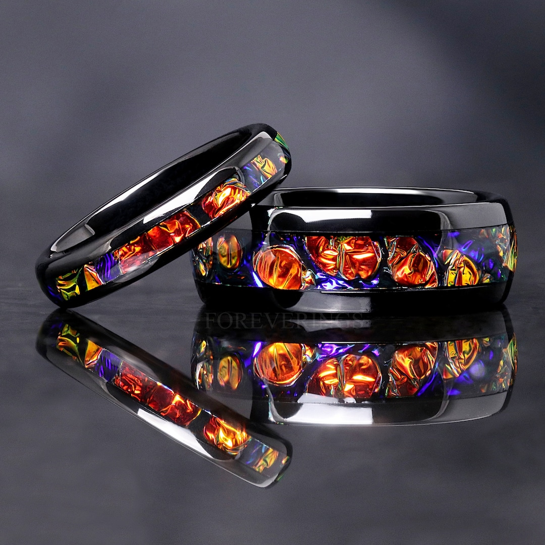 Red Dragon Ring Set Nebula Wedding Band, His Her Tungsten Ring, 8mm ...