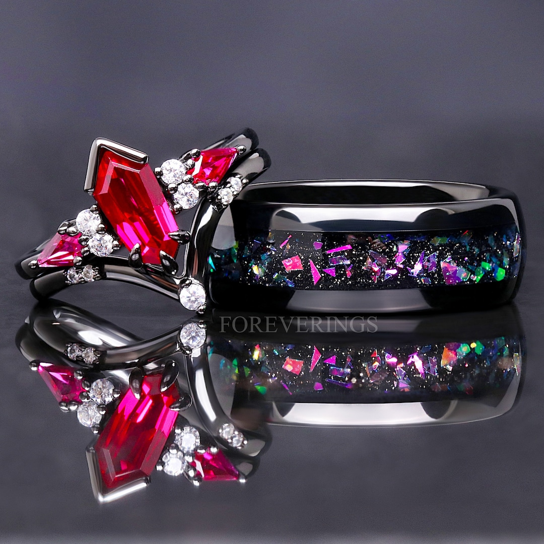 His and Her Ruby Engagement Ring Set, Couple Wedding Ring Set, Black ...