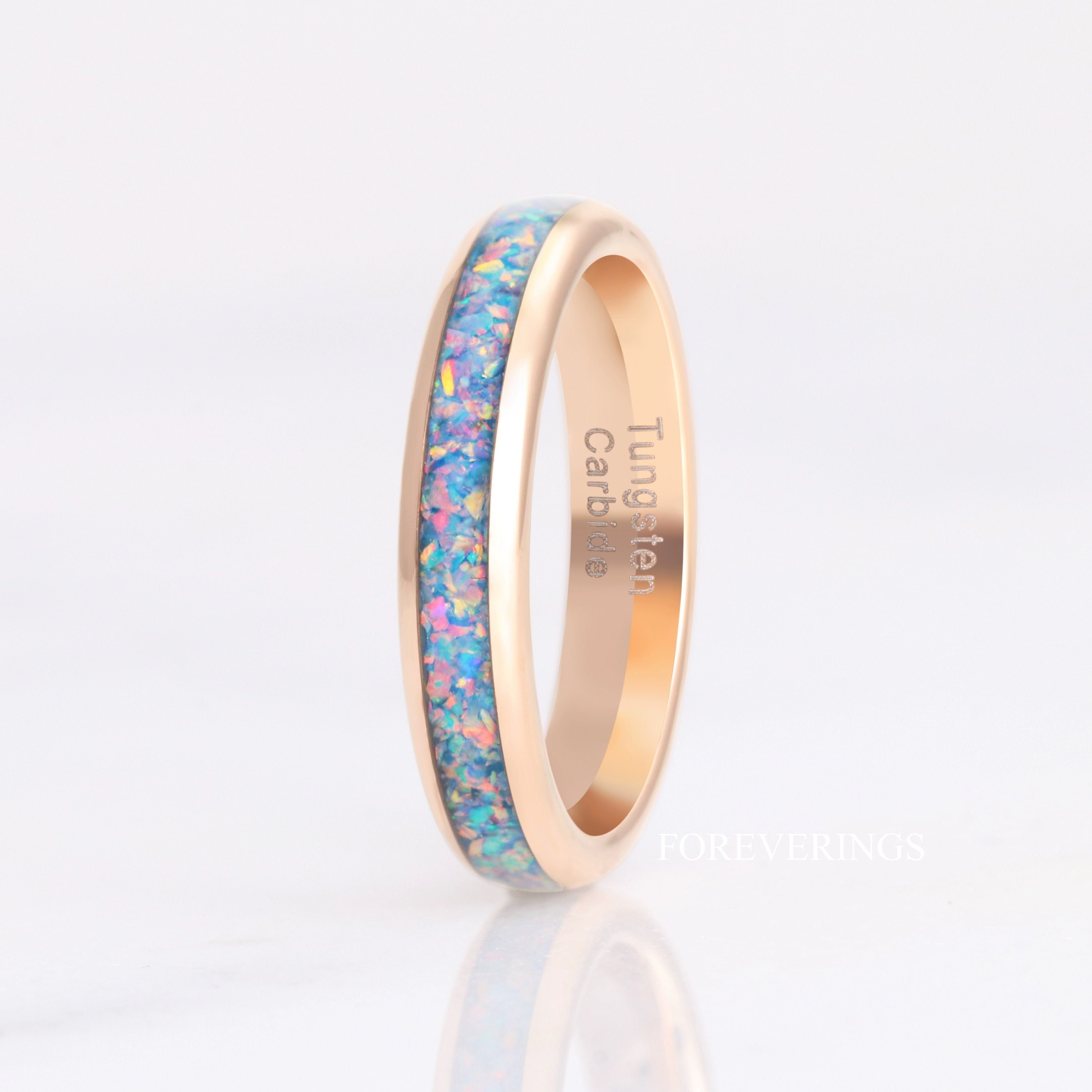 Rainbow Fire Opal Ring, Rose Gold Wedding Band, 4mm Rose Gold Tungsten ...