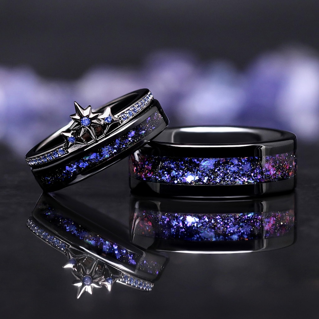 Orion Star Wedding Ring Set, Blue Nebula Sapphire Engagement Rings, His ...