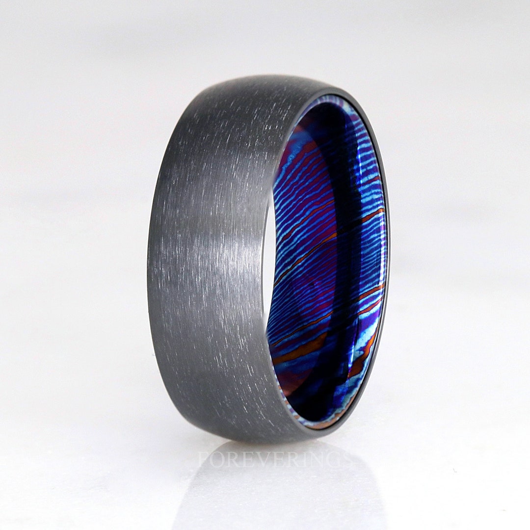 Zirconium and Timascus Ring Man, Wedding Band, Black Ring, Matte ...
