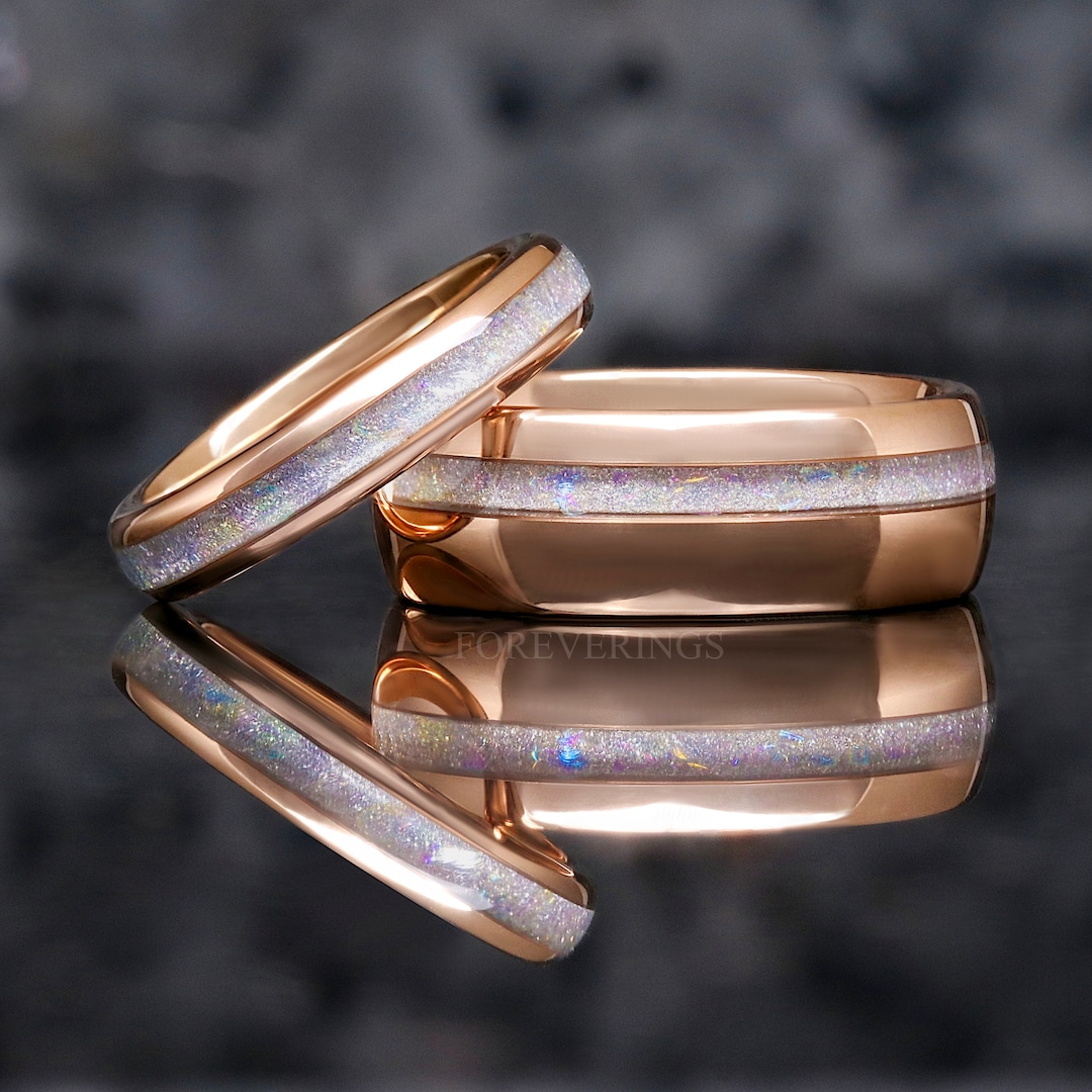 His and Her Moonstone Ring Set, Rose Gold Tungsten Wedding Band, 8mm ...