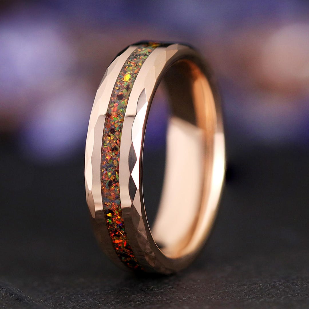 Red Fire Opal Ring, 6mm Rose Gold Mens Wedding Band, Faceted Edge ...