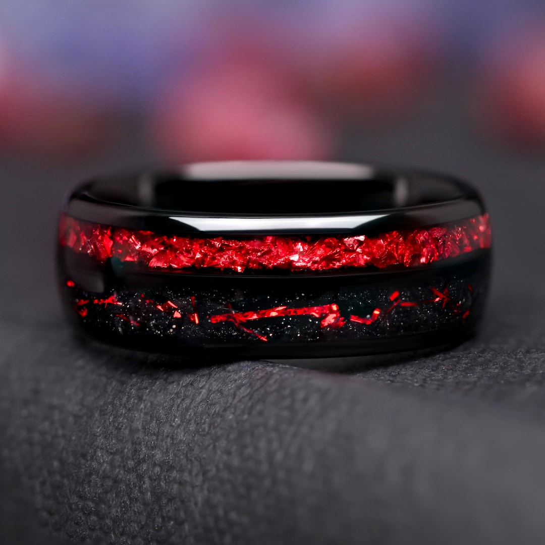 Ruby Red and Black Tungsten Wedding Band, 8mm Mens Ring, Dome Polish ...