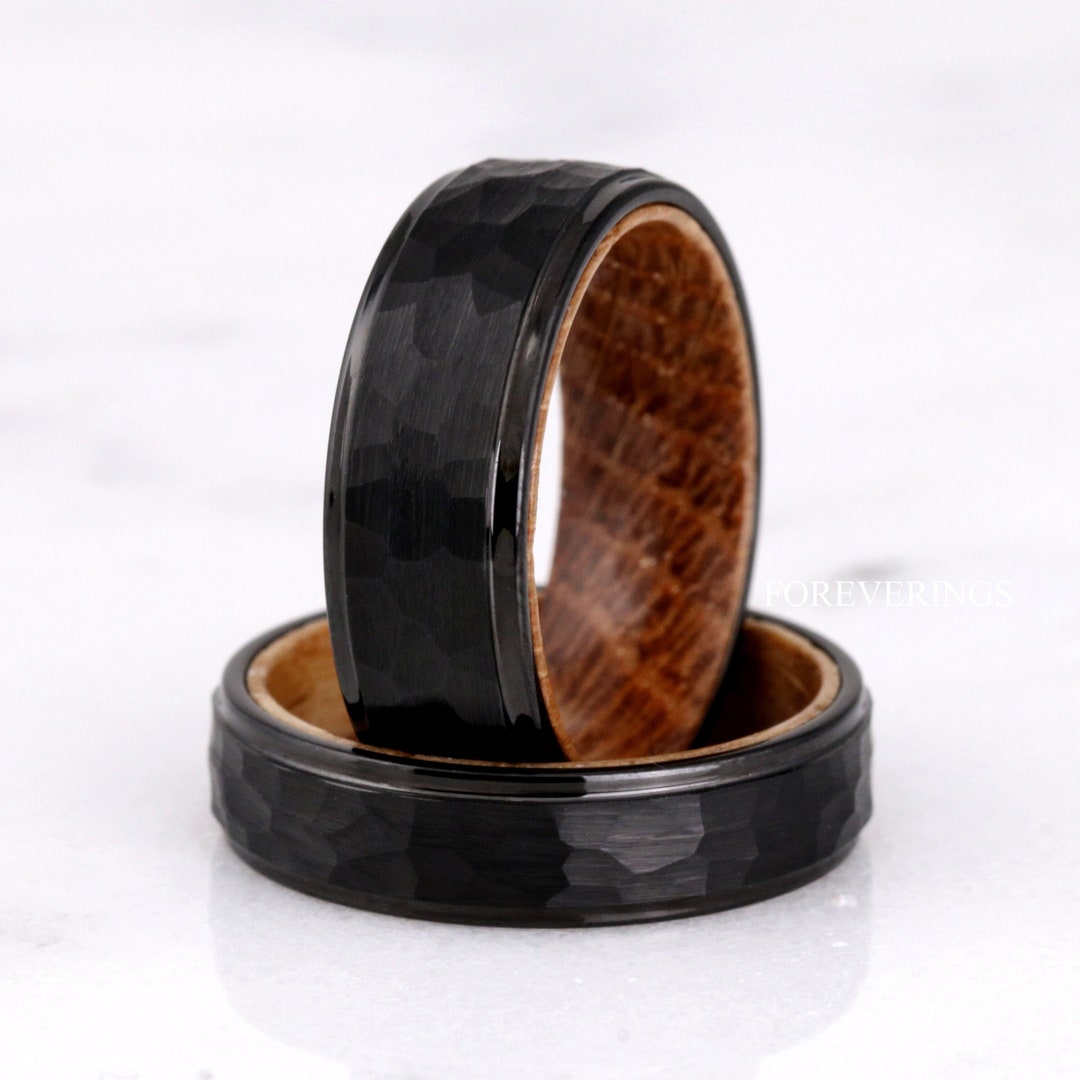 Mens Whiskey Barrel Ring, Black Tungsten Wedding Band, Metal Wood Ring ...