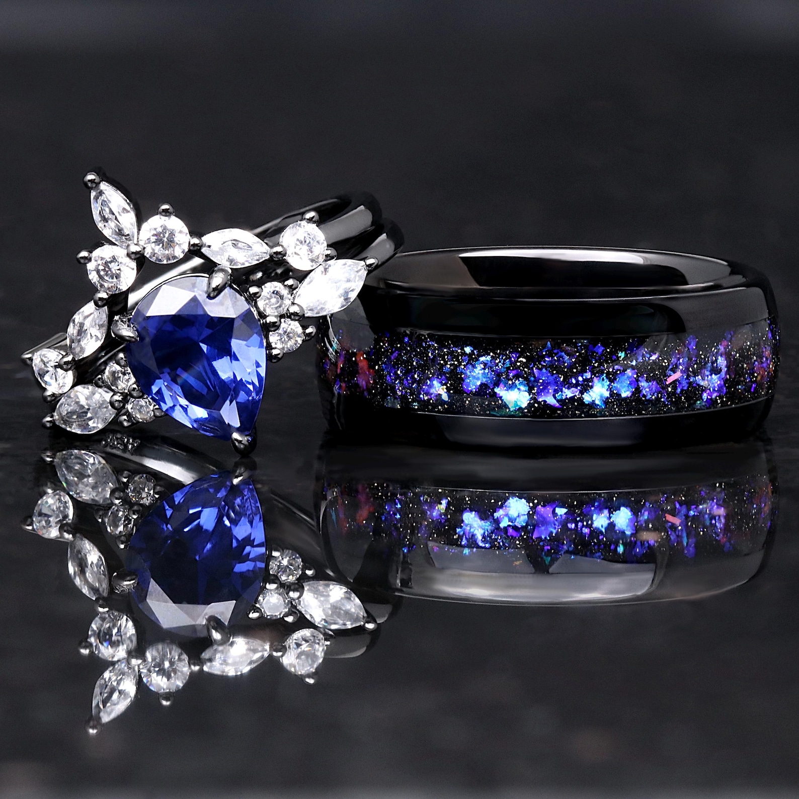Orion Nebula Ring Set, His and Hers Wedding Band, Black Sapphire ...