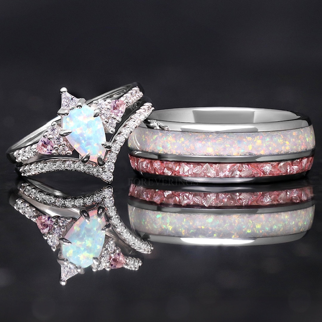Lumiere Morganite Opal Ring Set, His Her Wedding Ring, Personalized, Promise Ring for Couples ...