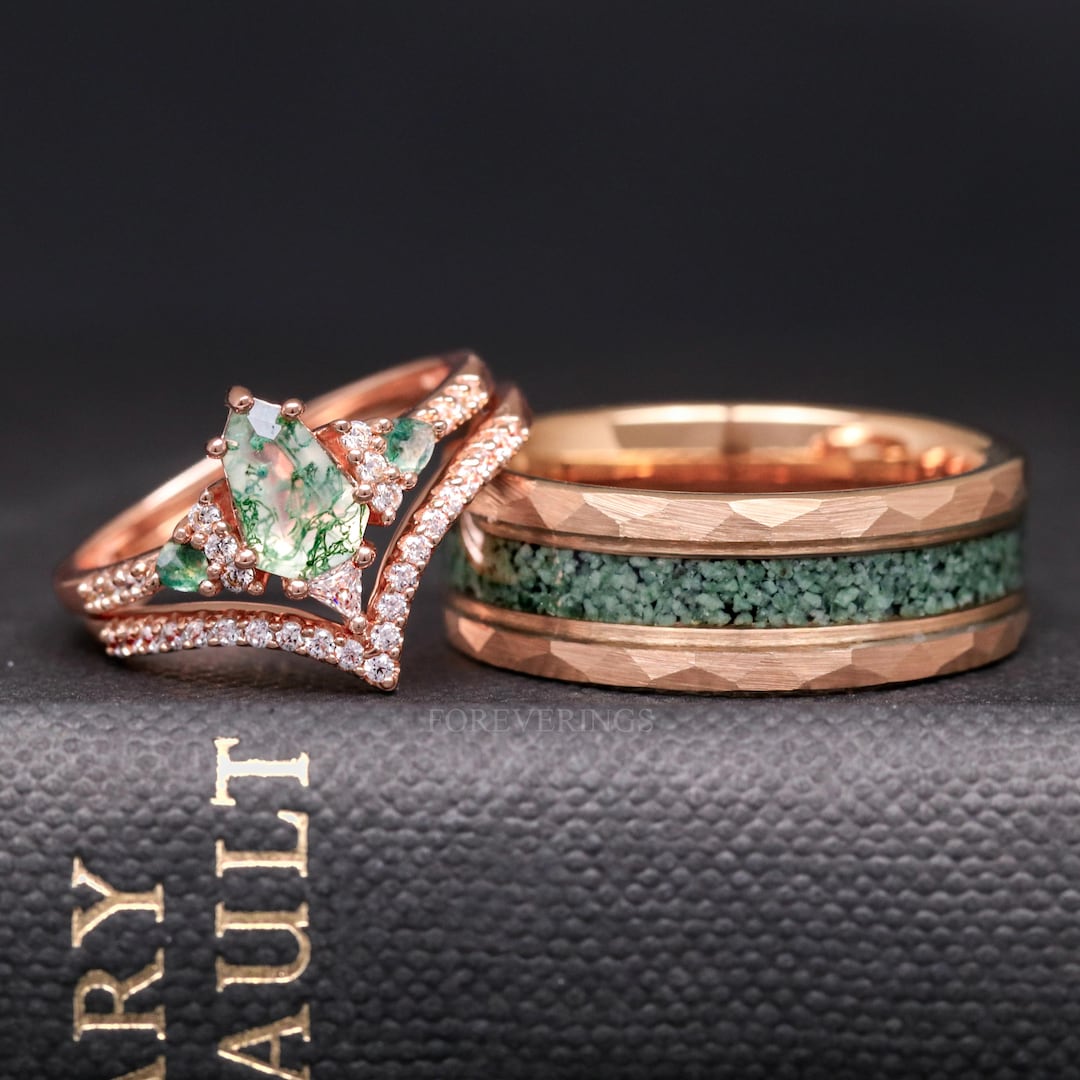 Lumiere Moss Agate Ring Set - Unique Rose Gold Engagement & Wedding Rings, His and Her Nature ...