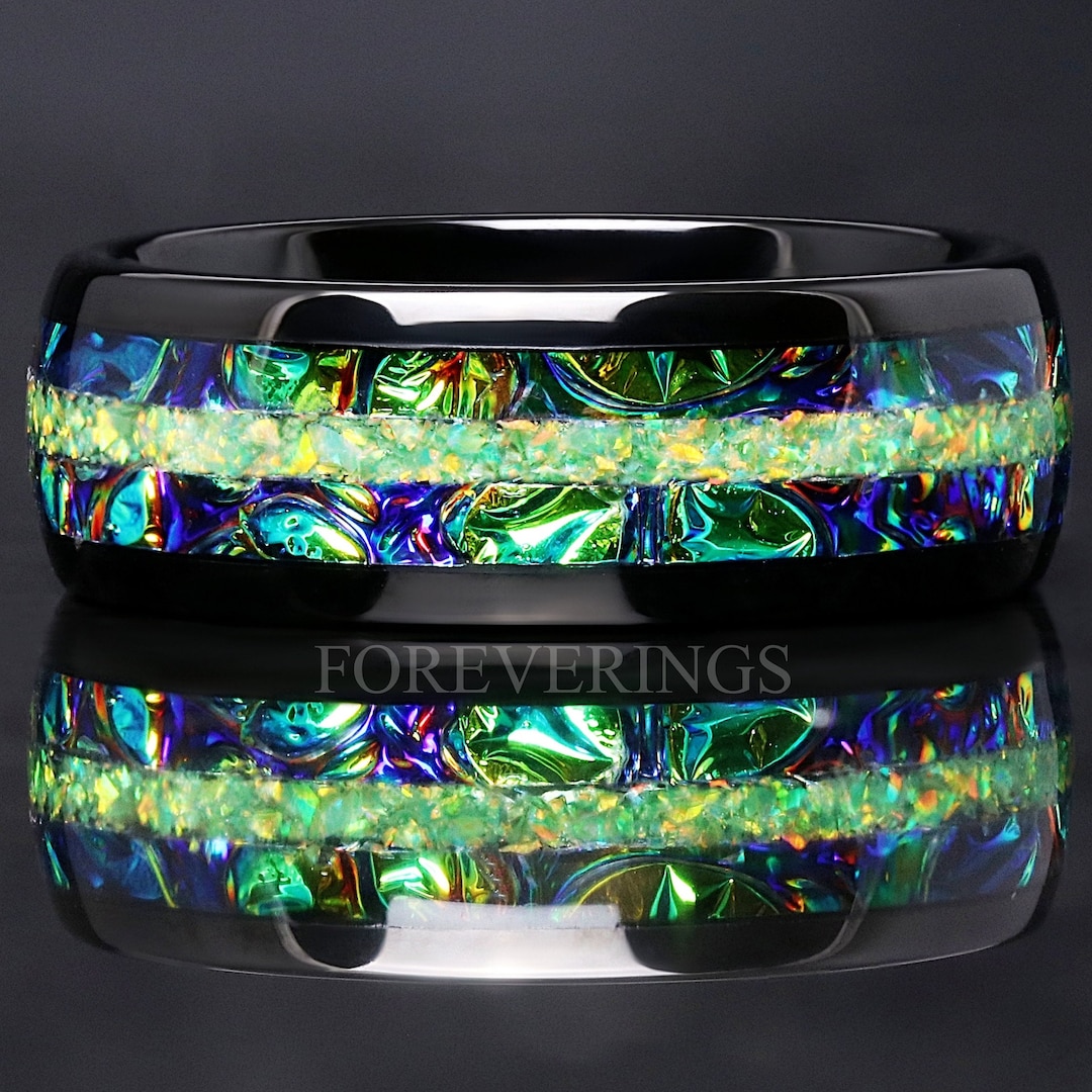 Rhaegal Green Fire Opal Tungsten Wedding Band, Man Dichrolam Ring ...