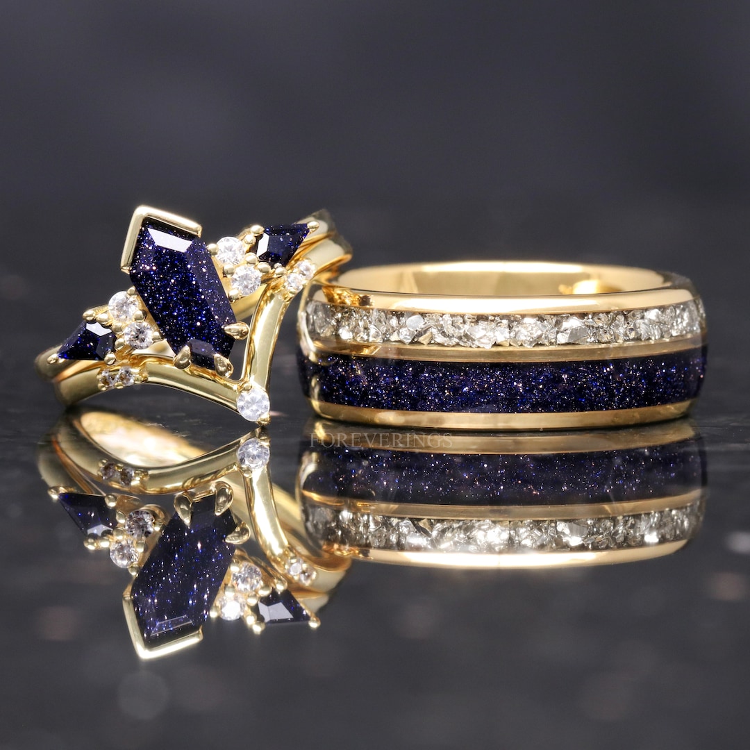Rift Nebula His Hers Wedding Ring Set, Starry Night, Personalized Gold ...