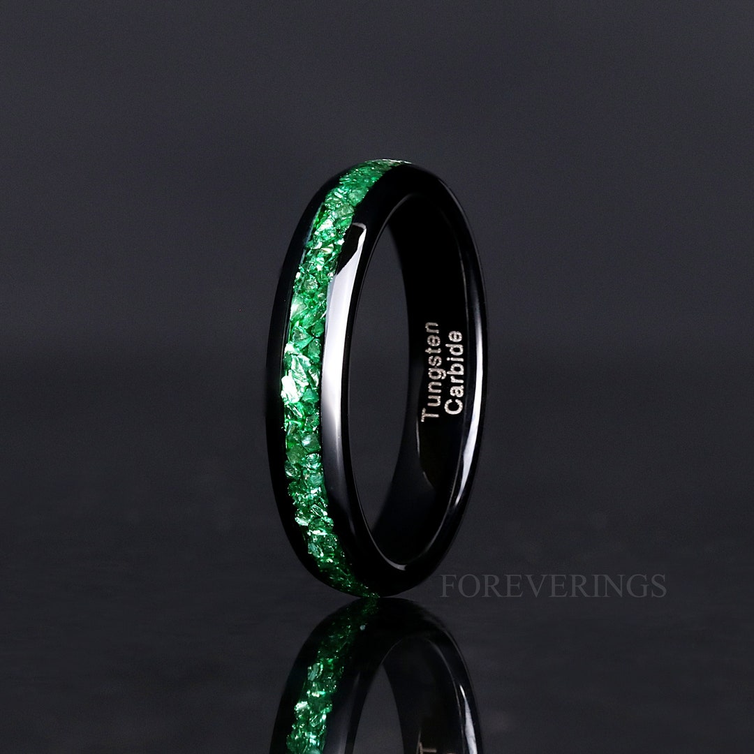 Emerald Wedding Band 4mm Black Tungsten Ring, Green Gemstone Ring, Dome ...