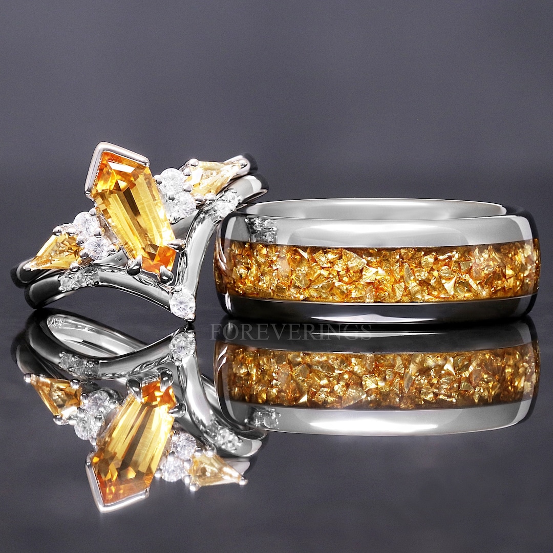 His and Hers Citrine Ring Set Silver, Kite Coffin Wedding Ring, Couple ...