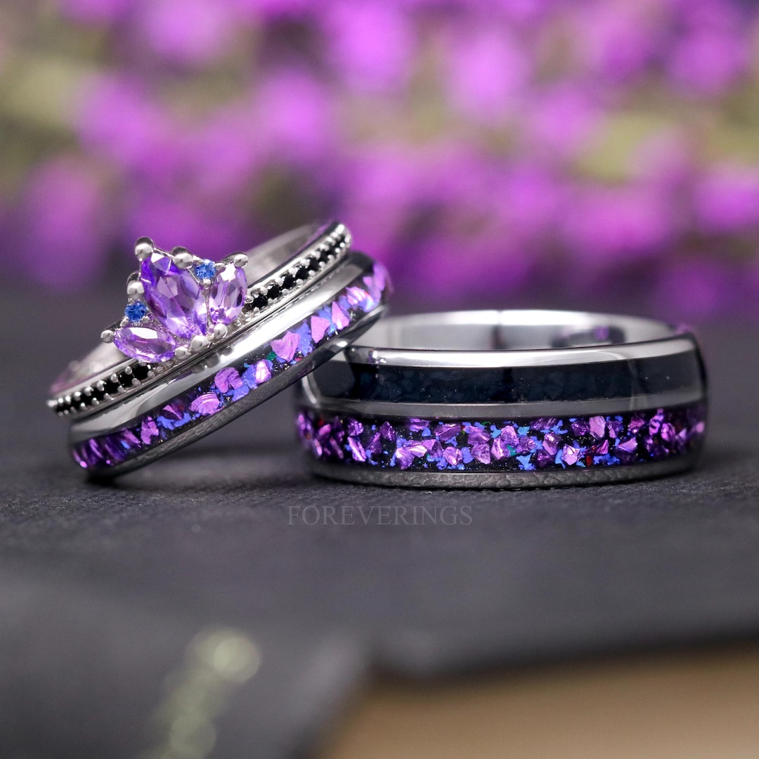 Amethyst Lotus Couples Ring Set – His & Hers Matching Wedding Rings ...