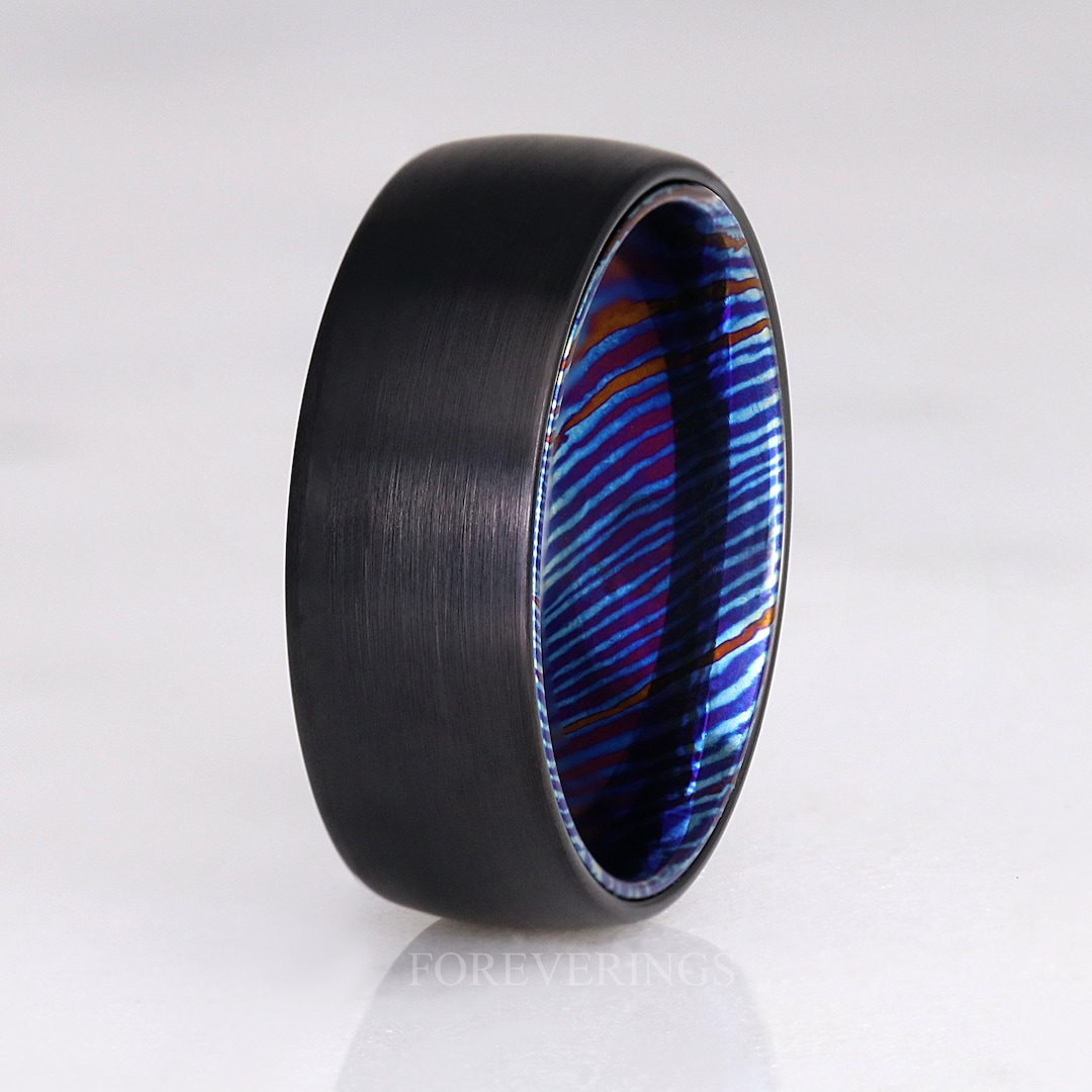 Timascus Ring Men, Damascus Wedding Band, Black Tungsten, Man Simple ...