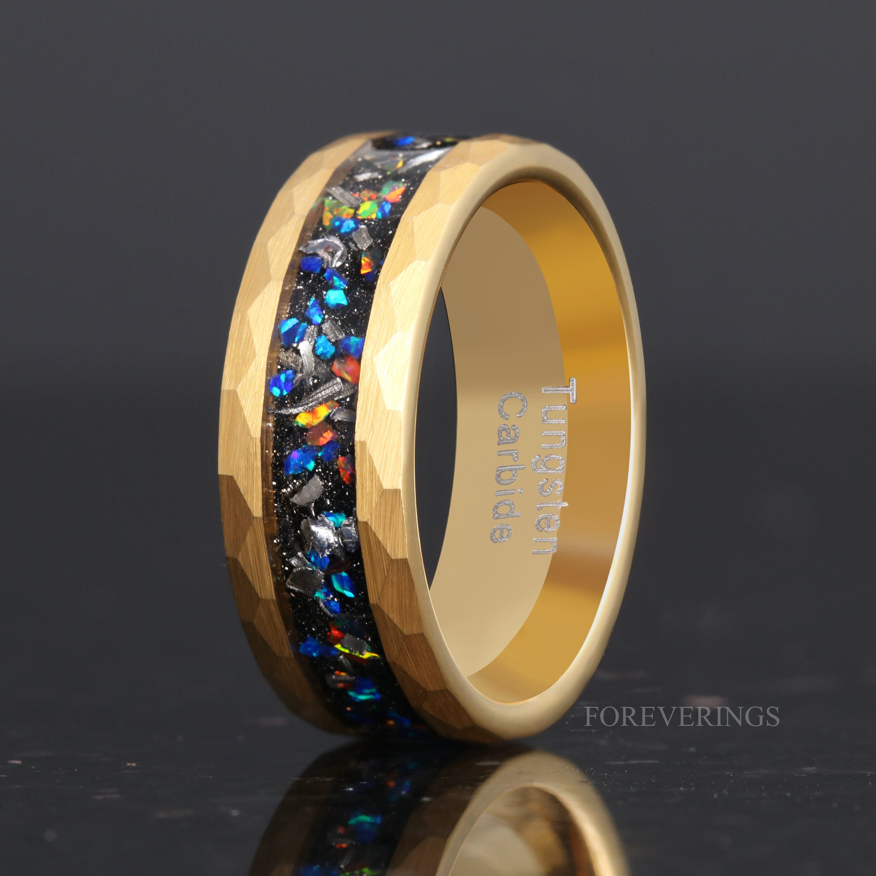 Meteorite and Galaxy Opal Ring Set, His and Hers Tungsten Wedding Band ...