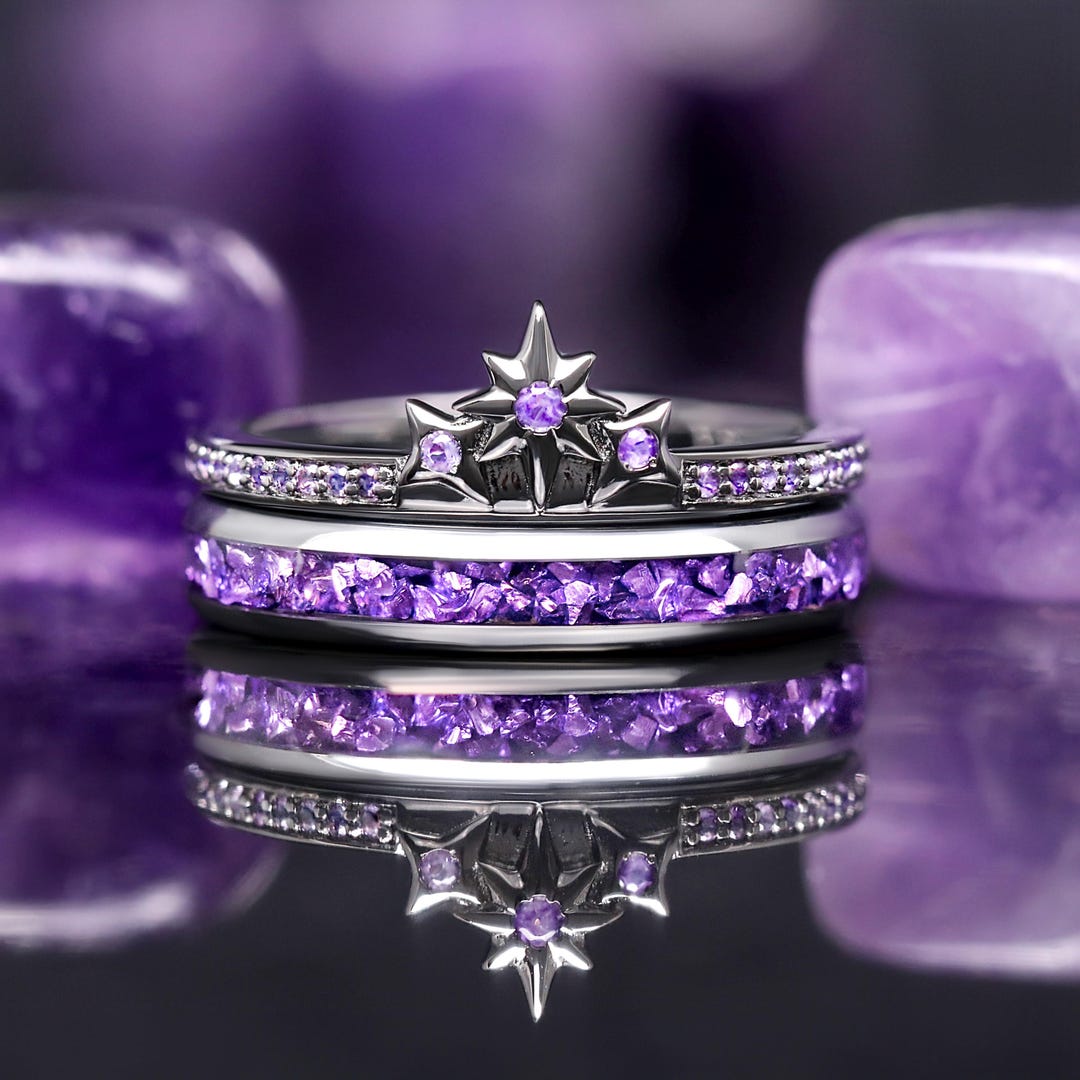 Amethyst Star Engagement Ring Set - Womens Stacking Wedding & Promise ...