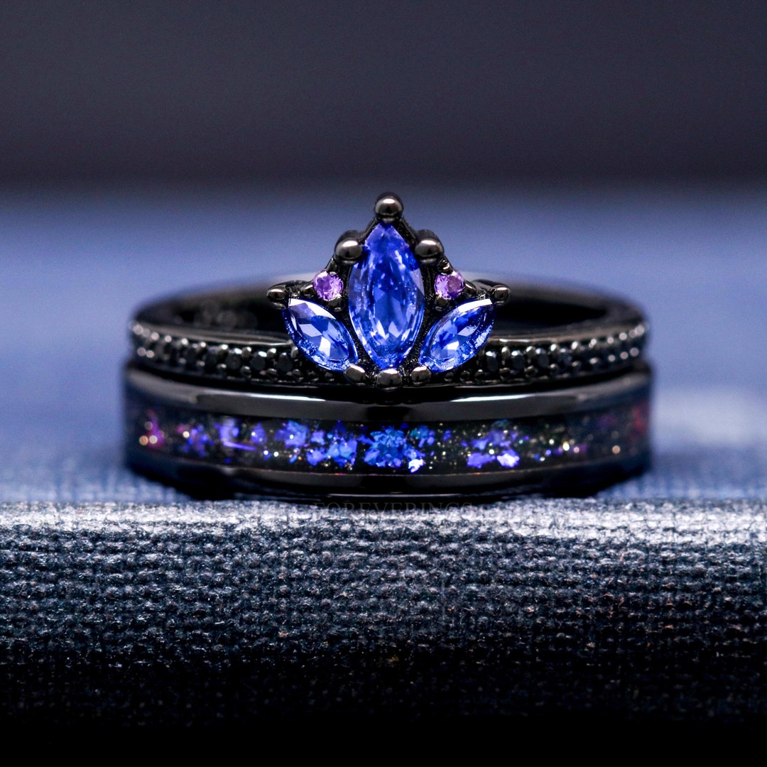 Blue Lotus Orion Nebula Engagement Ring Set – Unique Space Wedding Band ...