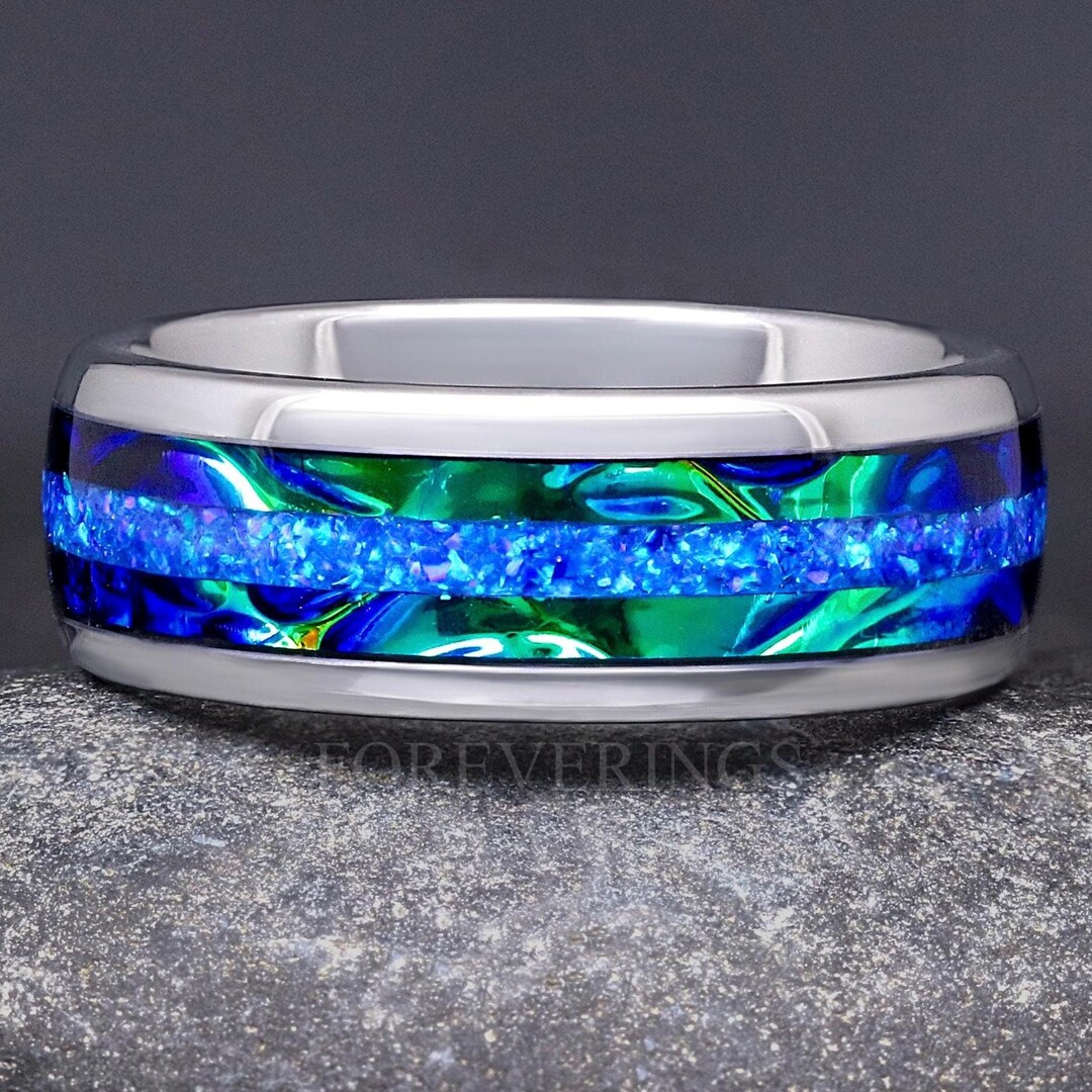 Azure Blue Fire Opal Tungsten Ring, Man Wedding Band, Blue Nebula Ring ...