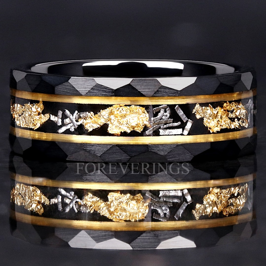 Meteorite Gold Leaf Ring Mens Hammered Two Tone Band Black - Etsy