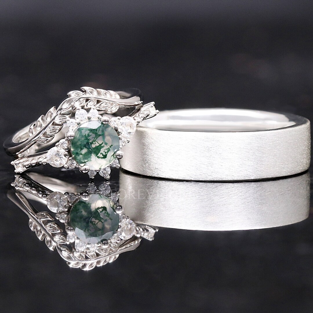 Green Moss Agate Ring Set, His and Hers Wedding Band, 925 Sterling ...